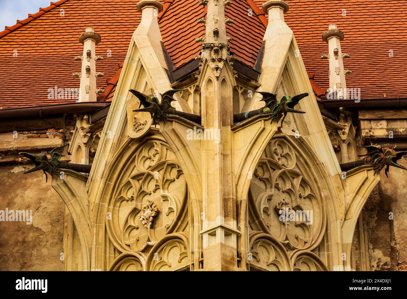Romania, Transylvania. Winged beast monsters as designs on castle ...