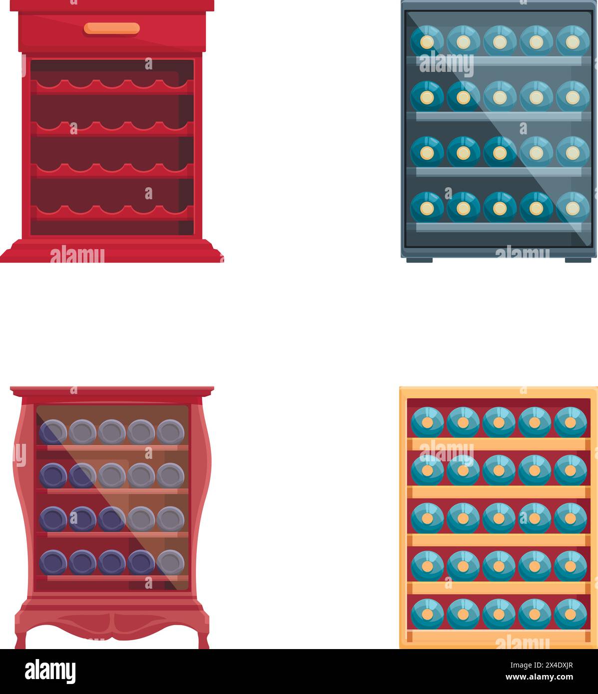 Wine box icons set cartoon vector. Wine bottle inside wooden cabinet ...