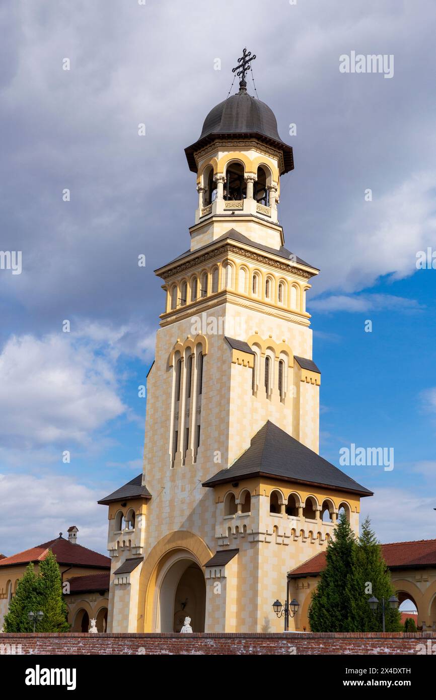 Romania, Alba Iulia. Alba Carolina Citadel, star-shaped fortress, church tower with bell Stock ...