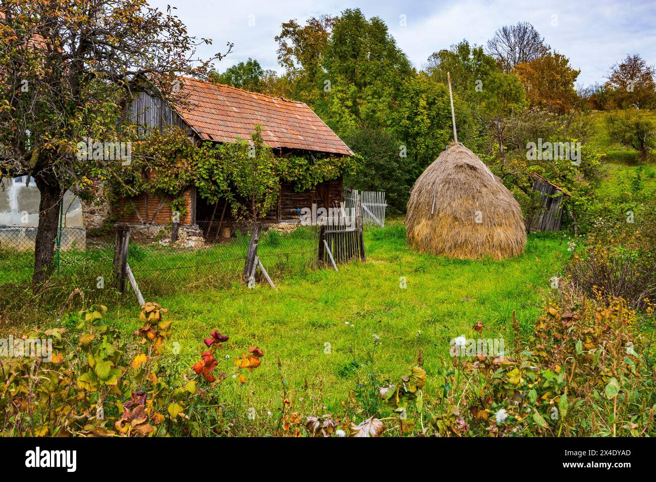 Romania, Transylvania. Old wood Romanian house next to hay stack Stock ...