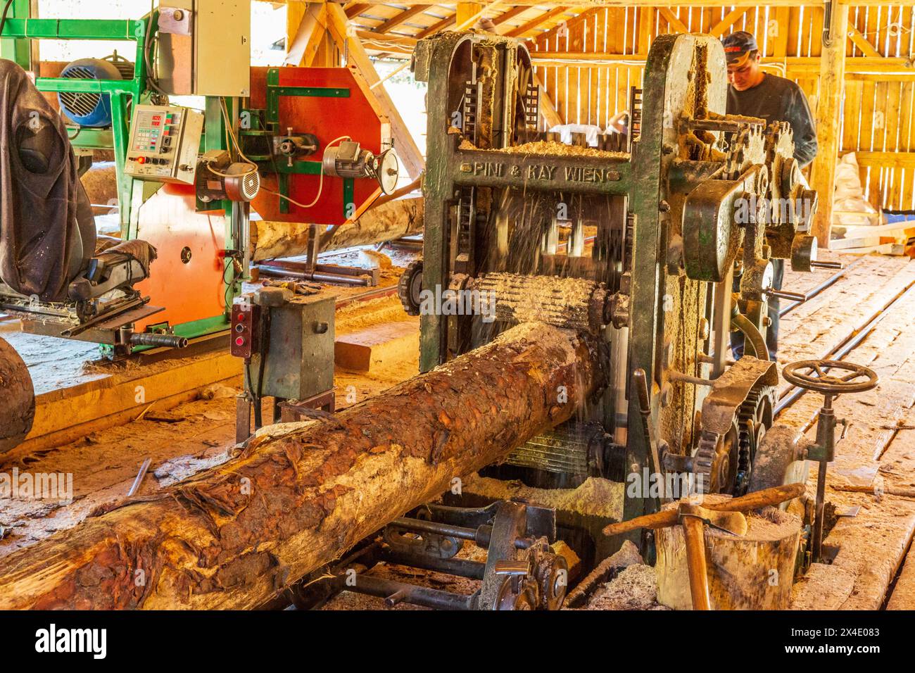 Romania, Transylvania, Suceava. Soft wood sawmill and workers ...