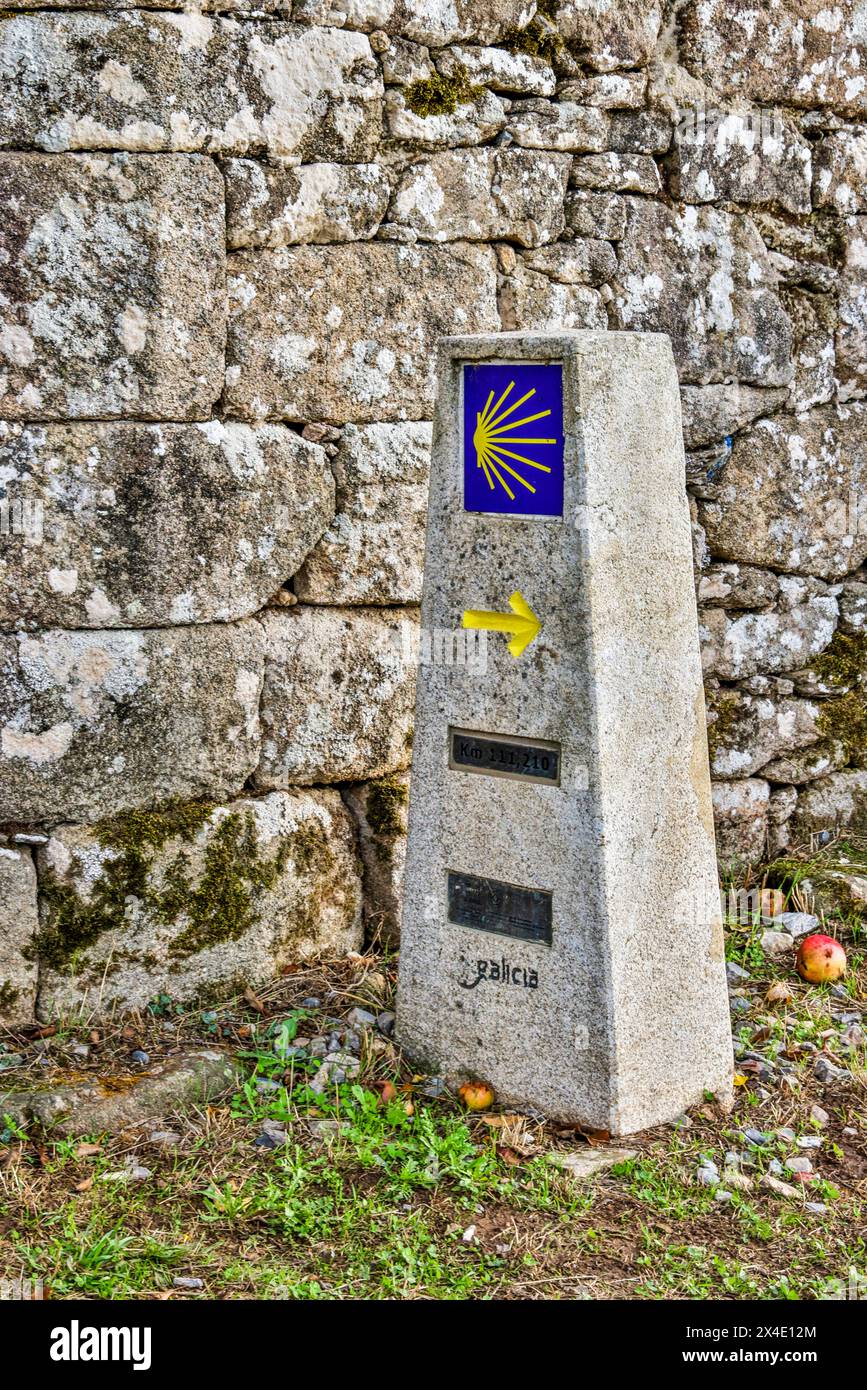 Spain, Galicia. One of the many kilometer markers along the Camino de ...