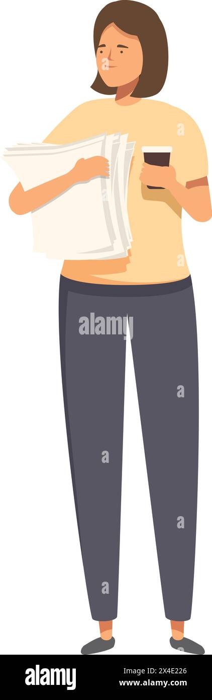 Workaholic woman with papers and coffee icon cartoon vector. Tired ...