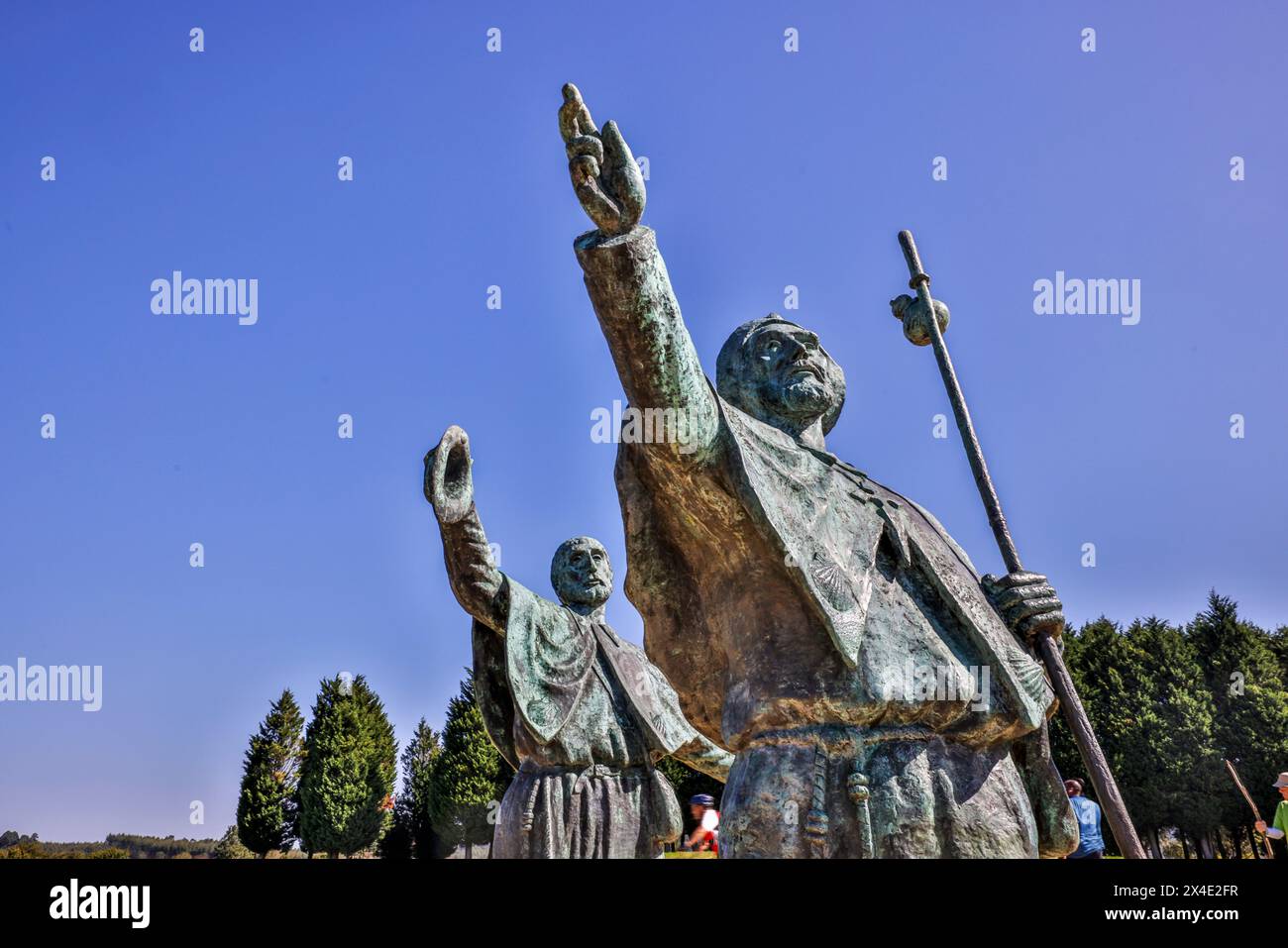 Spain, Galicia. Pilgrim statues on Monte do Gozo outside Santiago. It ...