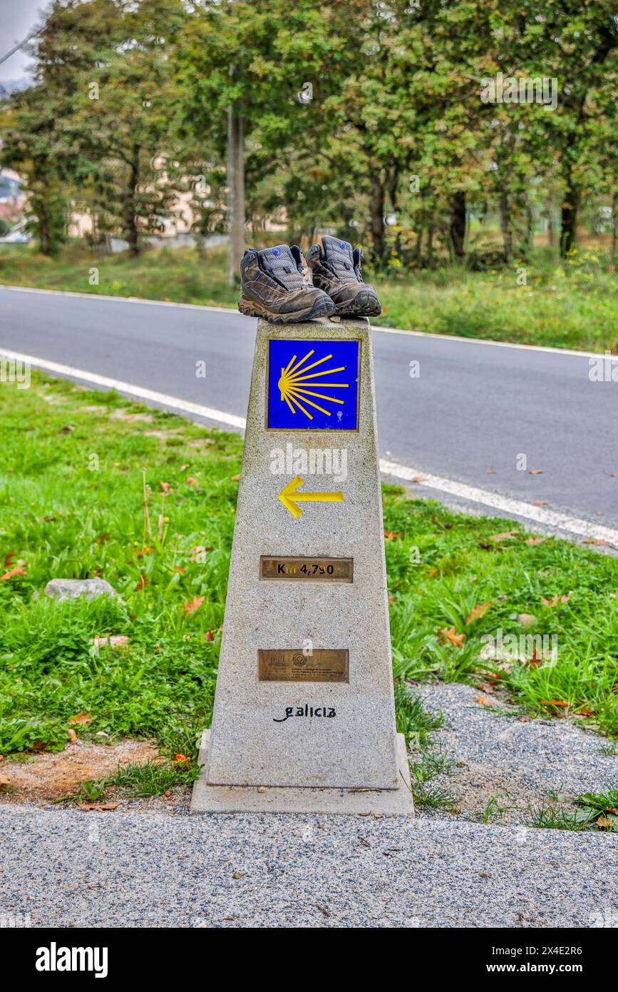 Spain, Galicia. Distance marker on the Camino de Santiago (Way of St ...
