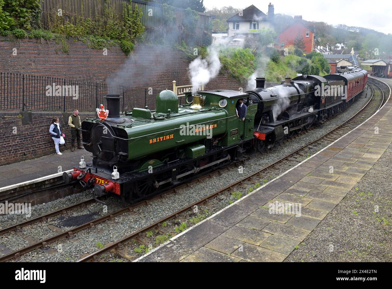 GWR steam locos 7754 and 3802 doubled heading leaving Llangollen ...