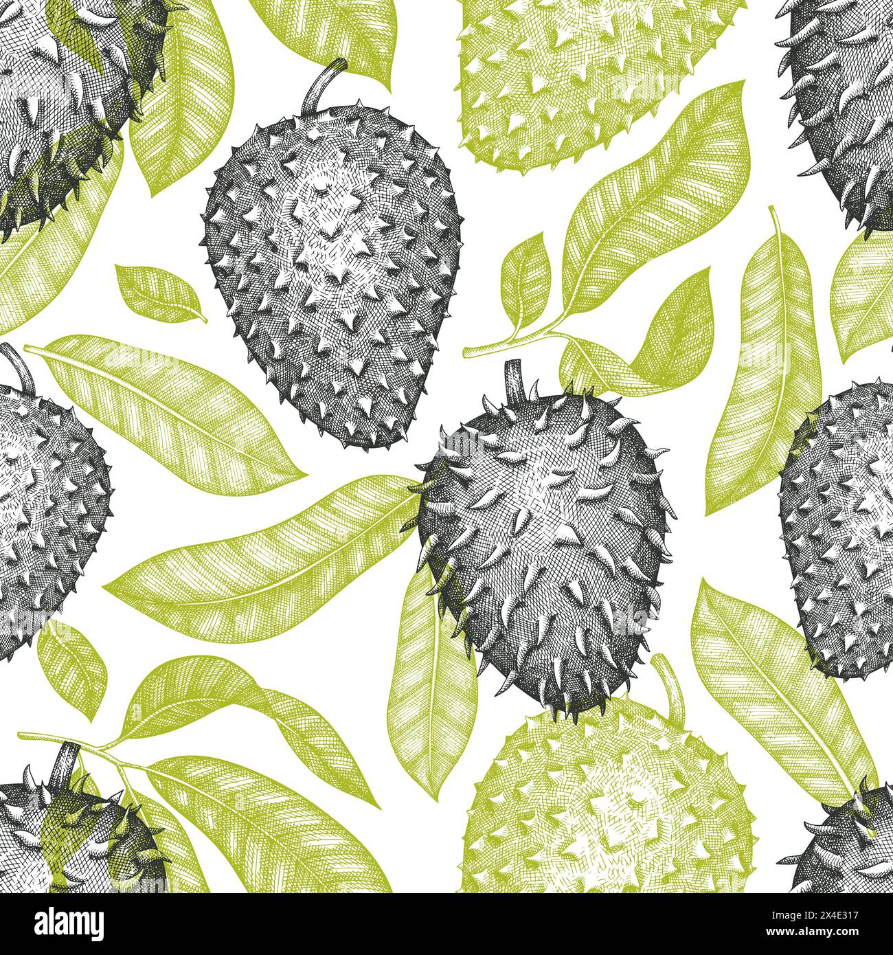 Hand drawn sketch style soursop fruit seamless pattern. Organic fresh ...