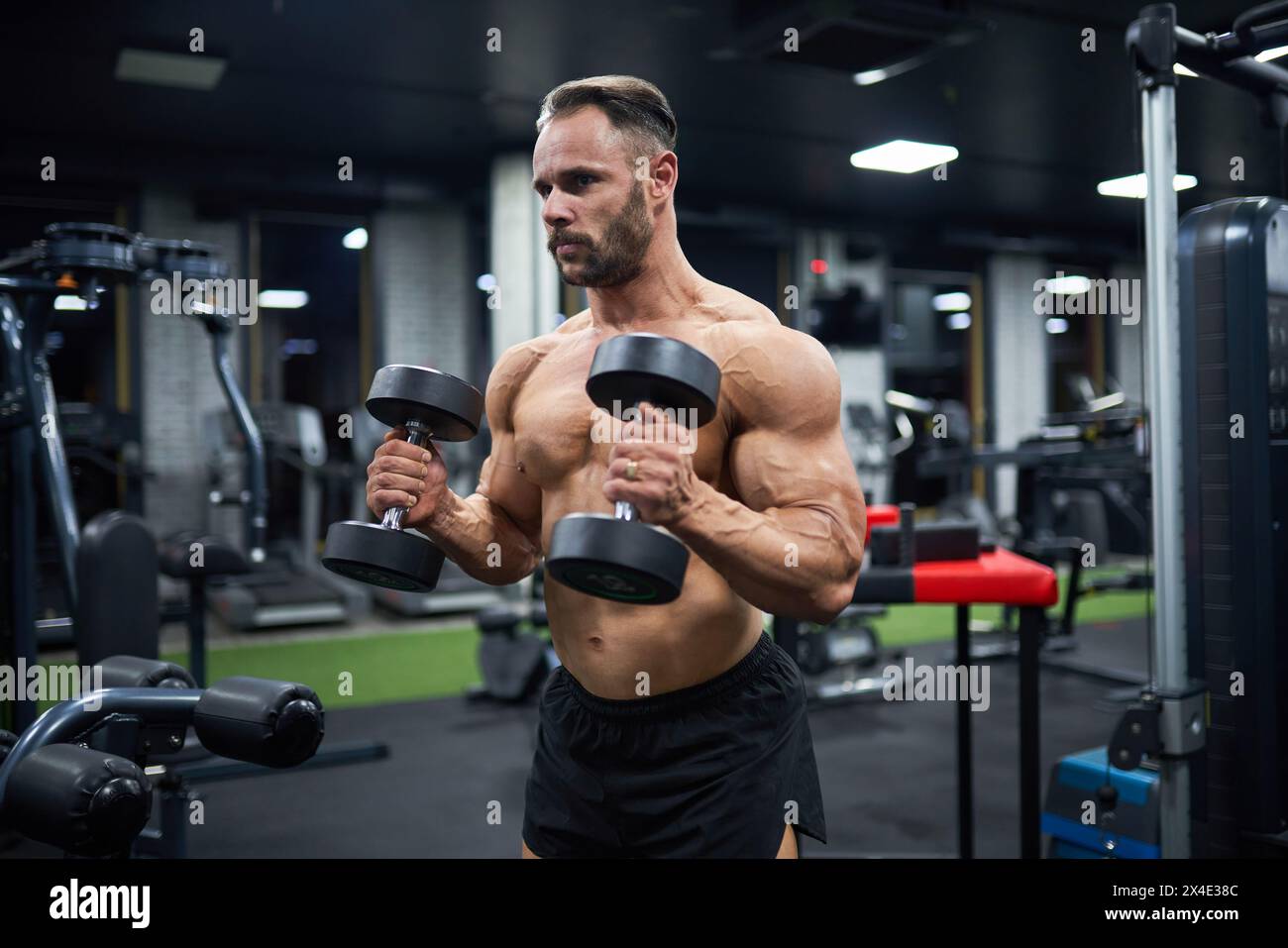 Determined handsome male weightlifter working out in gym. Portrait of ...