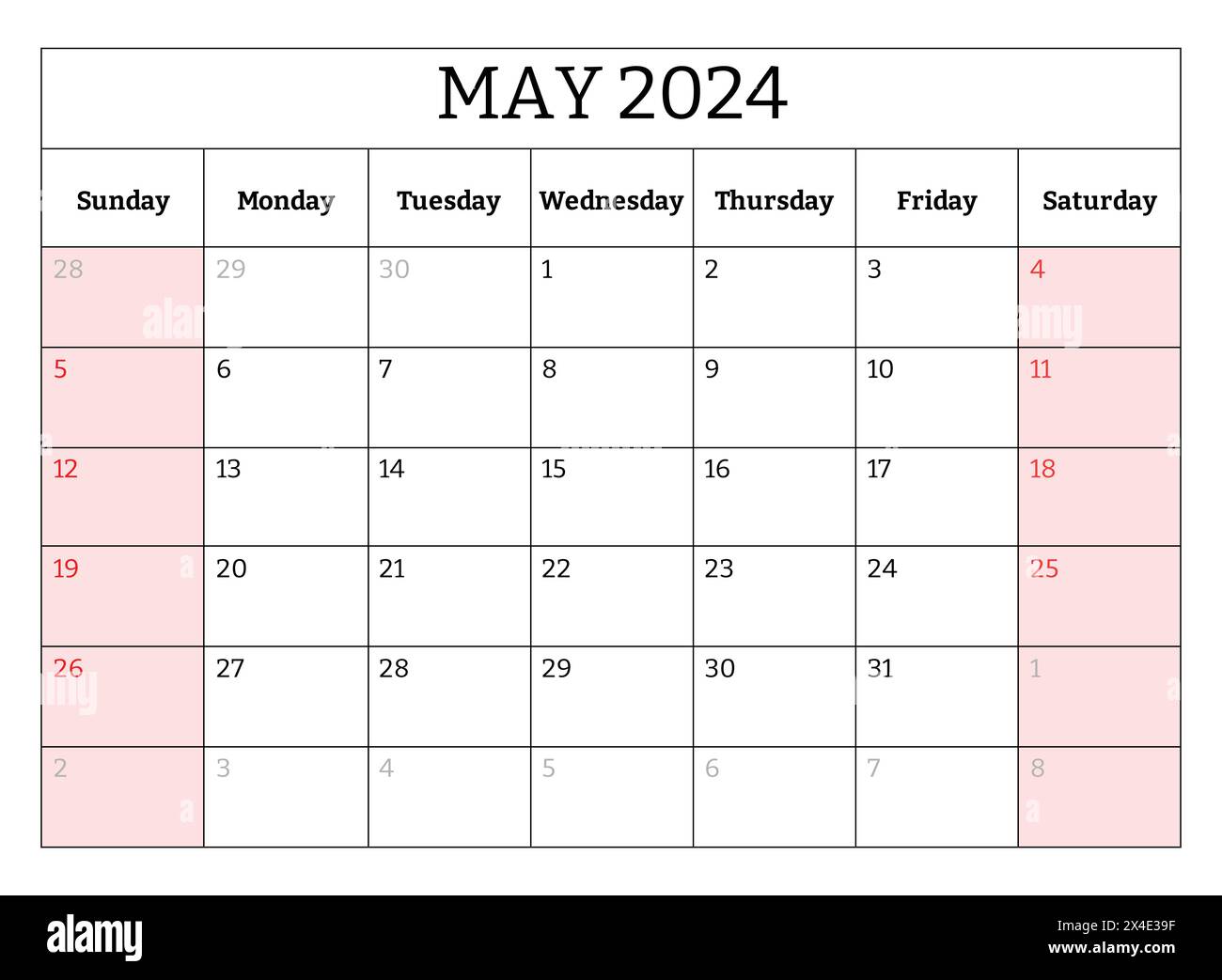 May 2024 ENGLISH month calendar. Vector printable illustration. Monthly ...