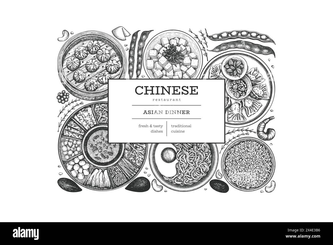 Chinese Cuisine Design Template. Vector Hand Drawn Asian Food Banner ...
