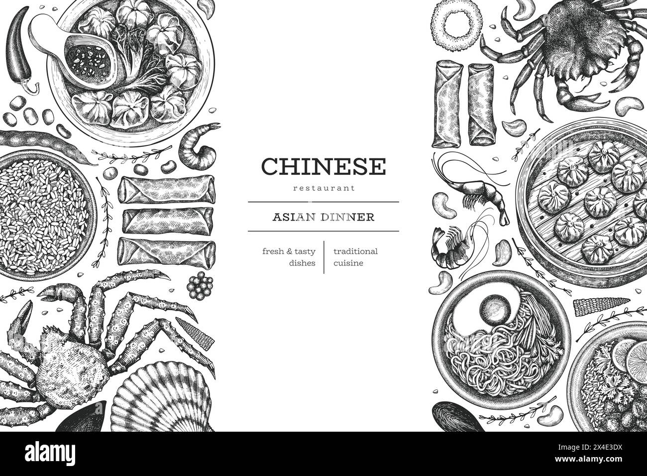 Chinese Cuisine Design Template. Vector Hand Drawn Asian Food Banner ...