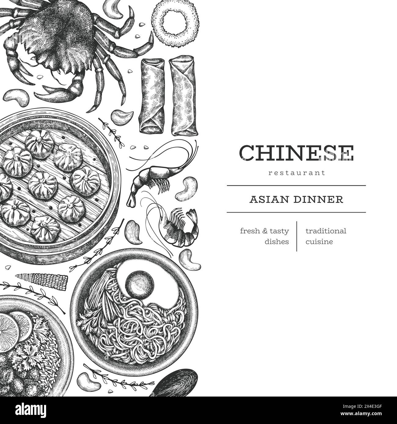 Chinese Cuisine Design Template. Vector Hand Drawn Asian Food Banner ...