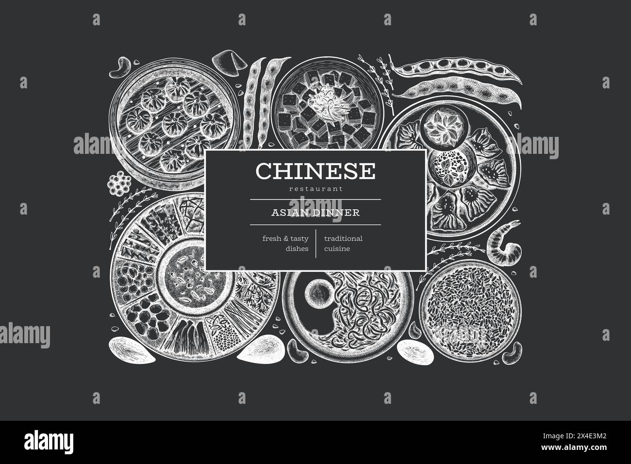 Chinese Cuisine Chalk Board Design Template. Vector Hand Drawn Asian ...