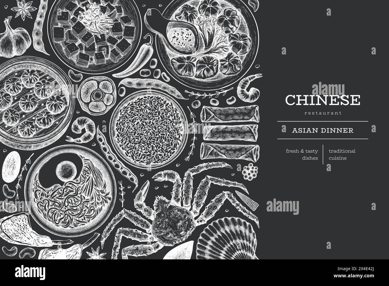 Chinese Cuisine Chalk Board Design Template. Vector Hand Drawn Asian ...