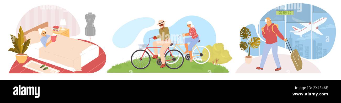 Elderly on holidays weekend enjoying different activities Stock Vector ...