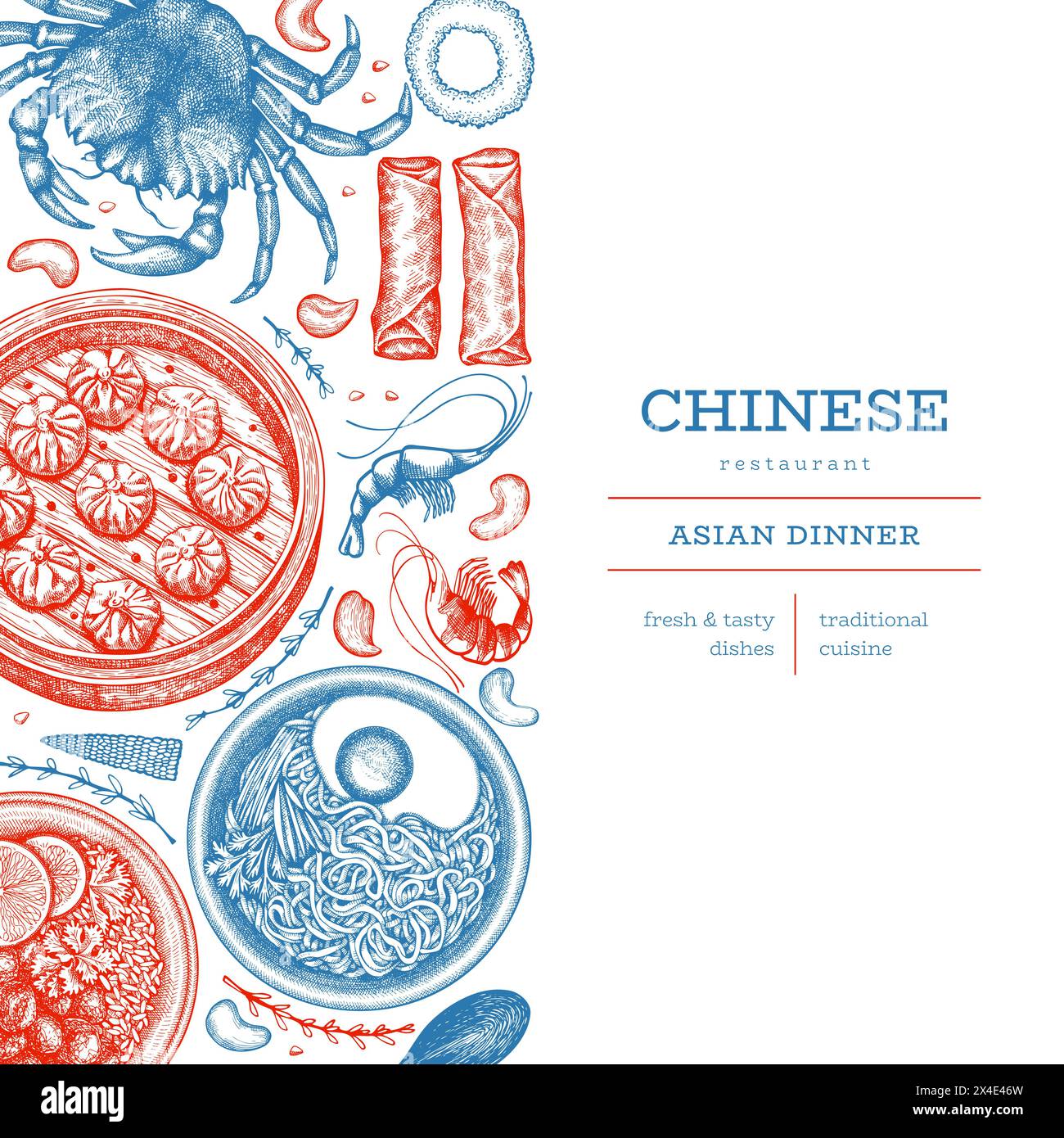 Chinese Cuisine Design Template. Vector Hand Drawn Asian Food Banner ...
