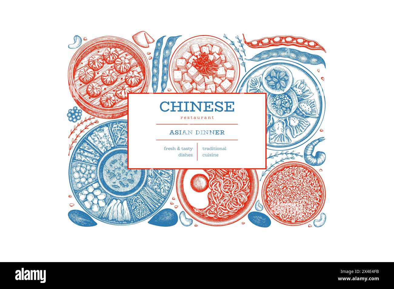 Chinese Cuisine Design Template. Vector Hand Drawn Asian Food Banner ...