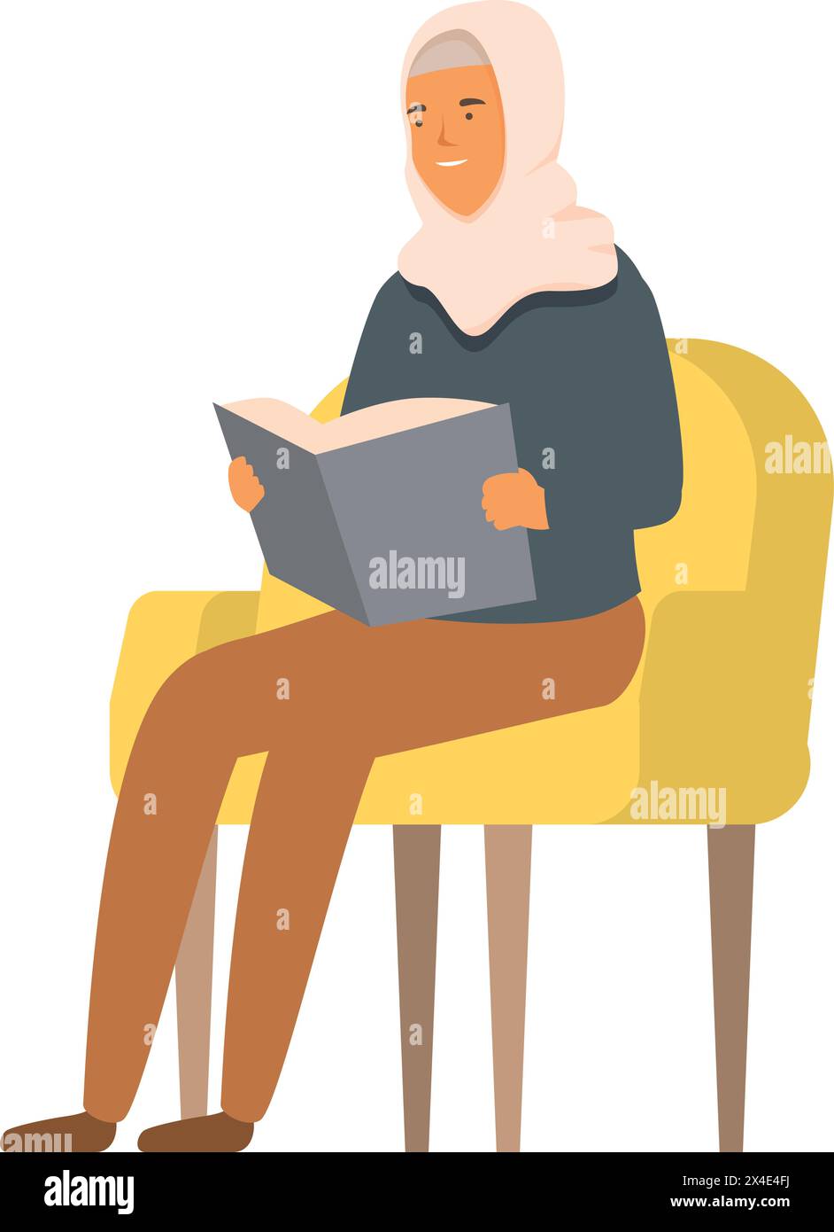 Arabic girl on armchair icon cartoon vector. Reading study book. Happy ...