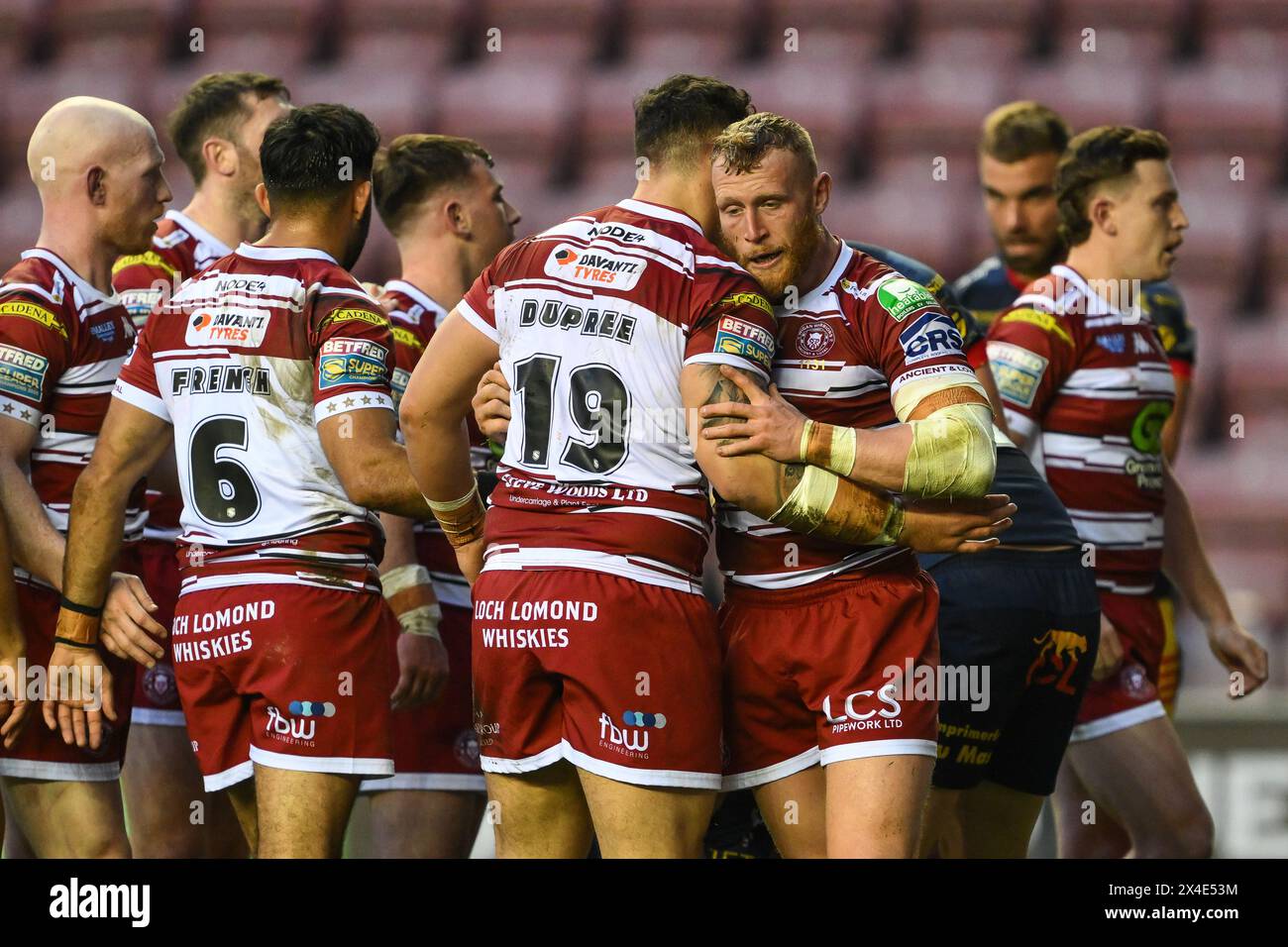 Luke Thompson of Wigan Warriors celebrates his try during the Betfred ...