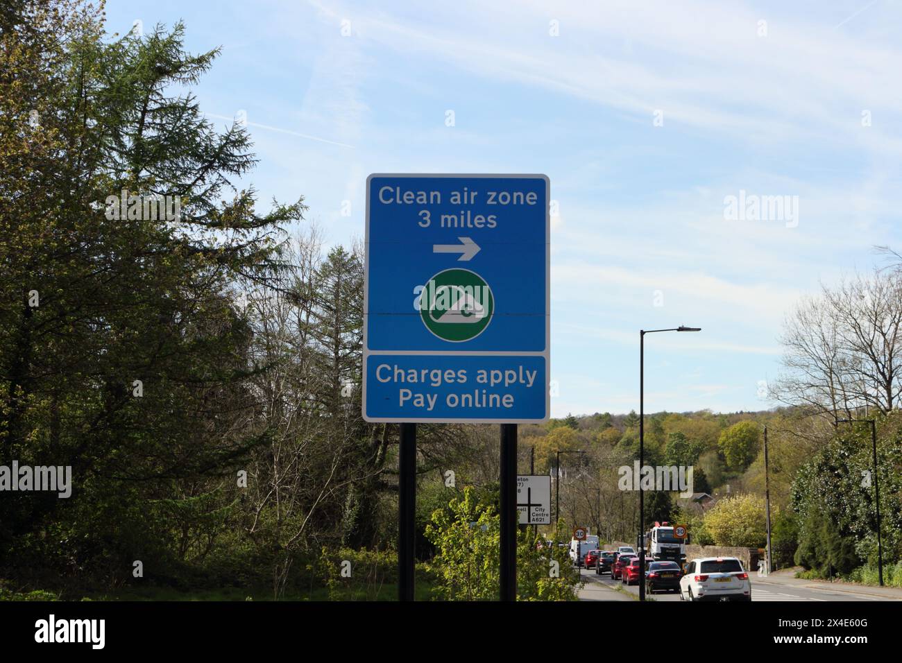 Traffic signs informing of class c chargeable clean air zone in Sheffield city centre England UK ...