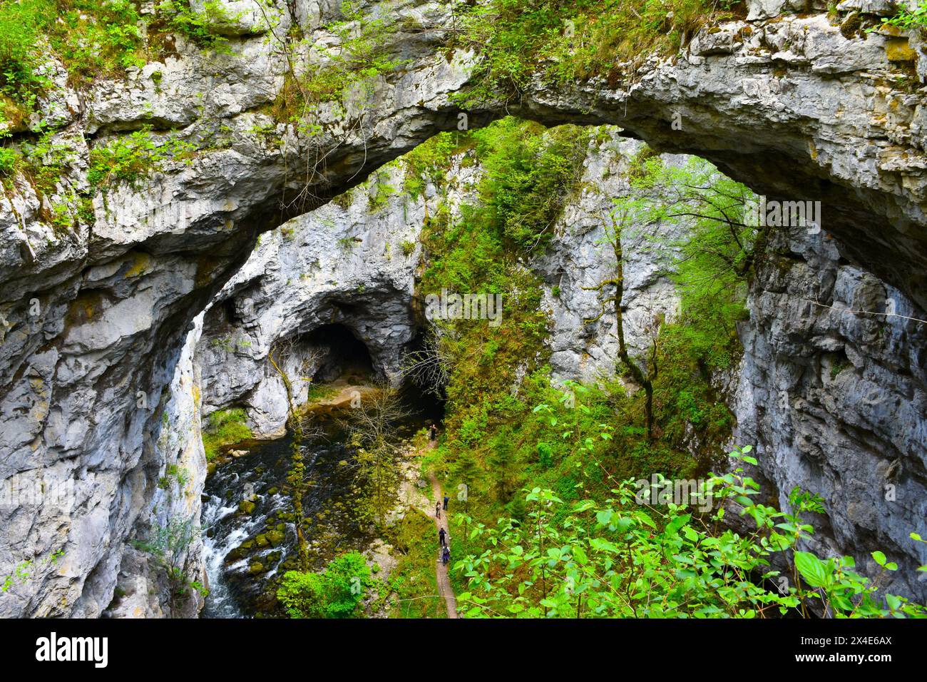 View of Zelške jame bellow the little natural bridge karst formation at ...