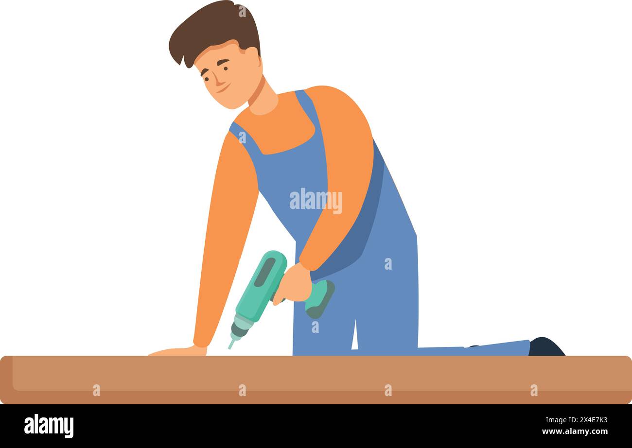 Carpenter using screwdriver icon cartoon vector. Furniture home ...