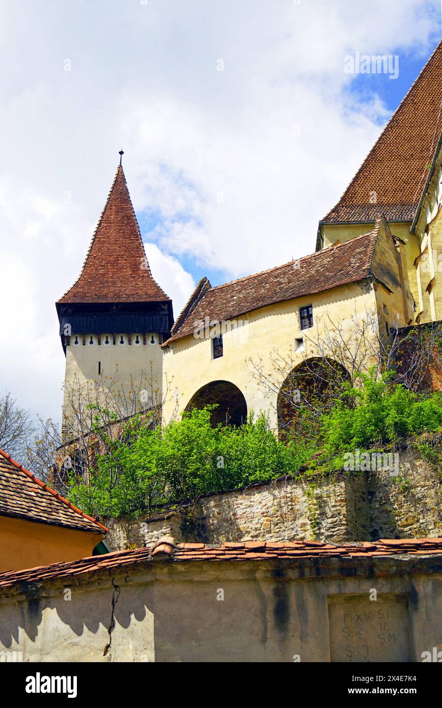 Architecture of a church with a fortress in the Romanian village of ...