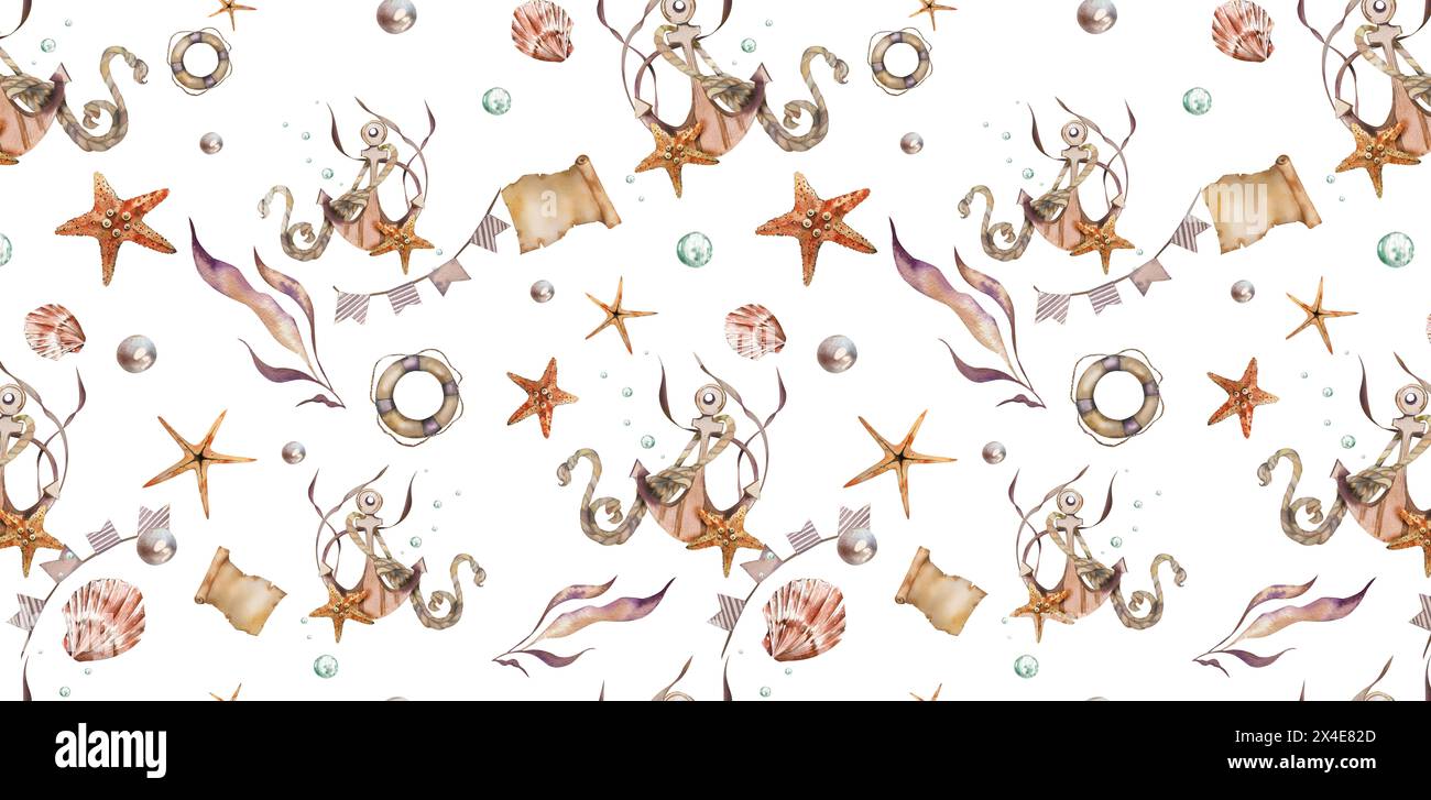 Seamless pattern. Watercolor Marine Theme. Anchor , Rope, Starfish ...