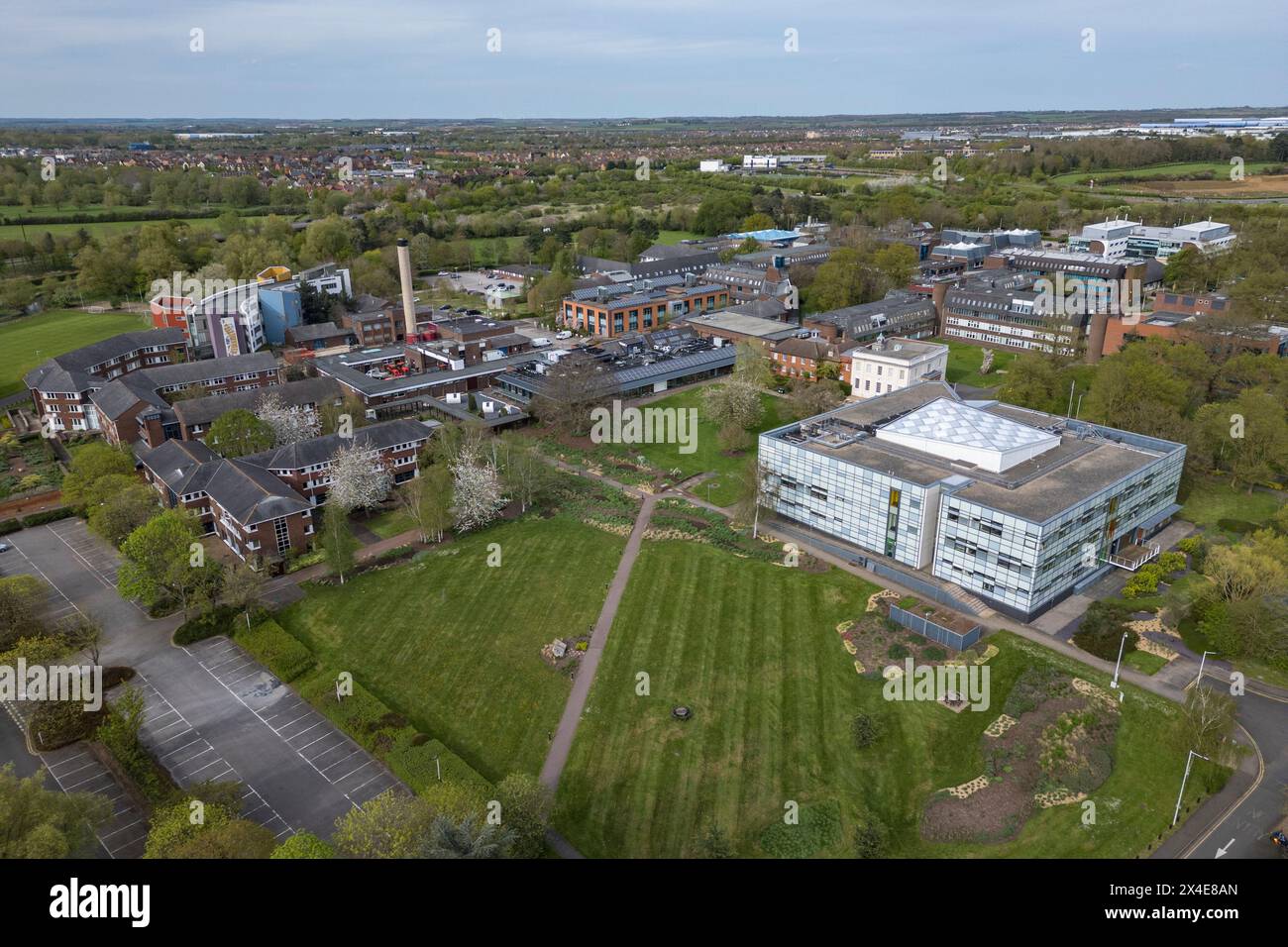 Aerial view The Open University campus, Milton Keynes, Buckinghamshire ...