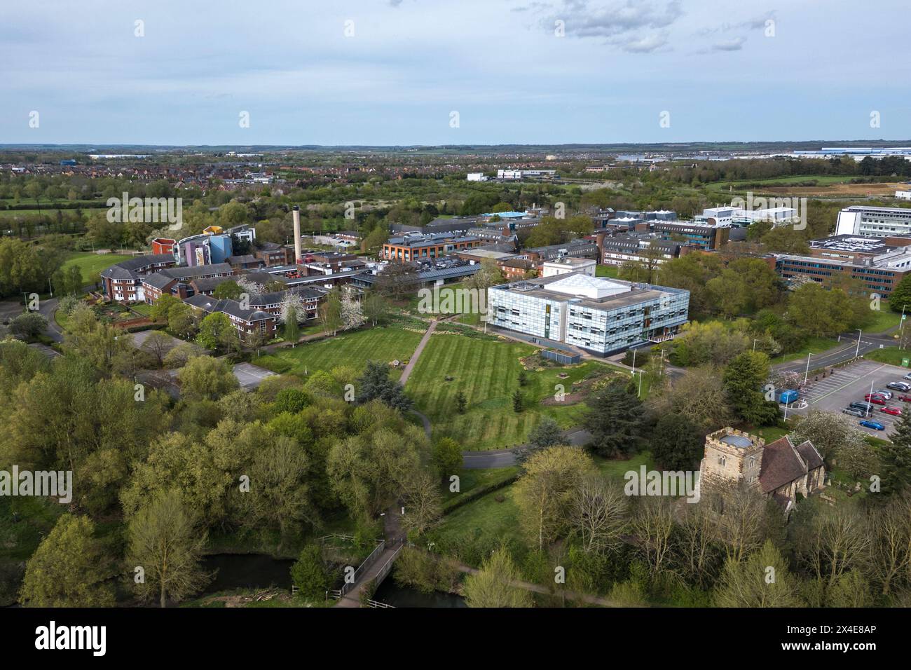 Aerial view The Open University campus, Milton Keynes, Buckinghamshire ...