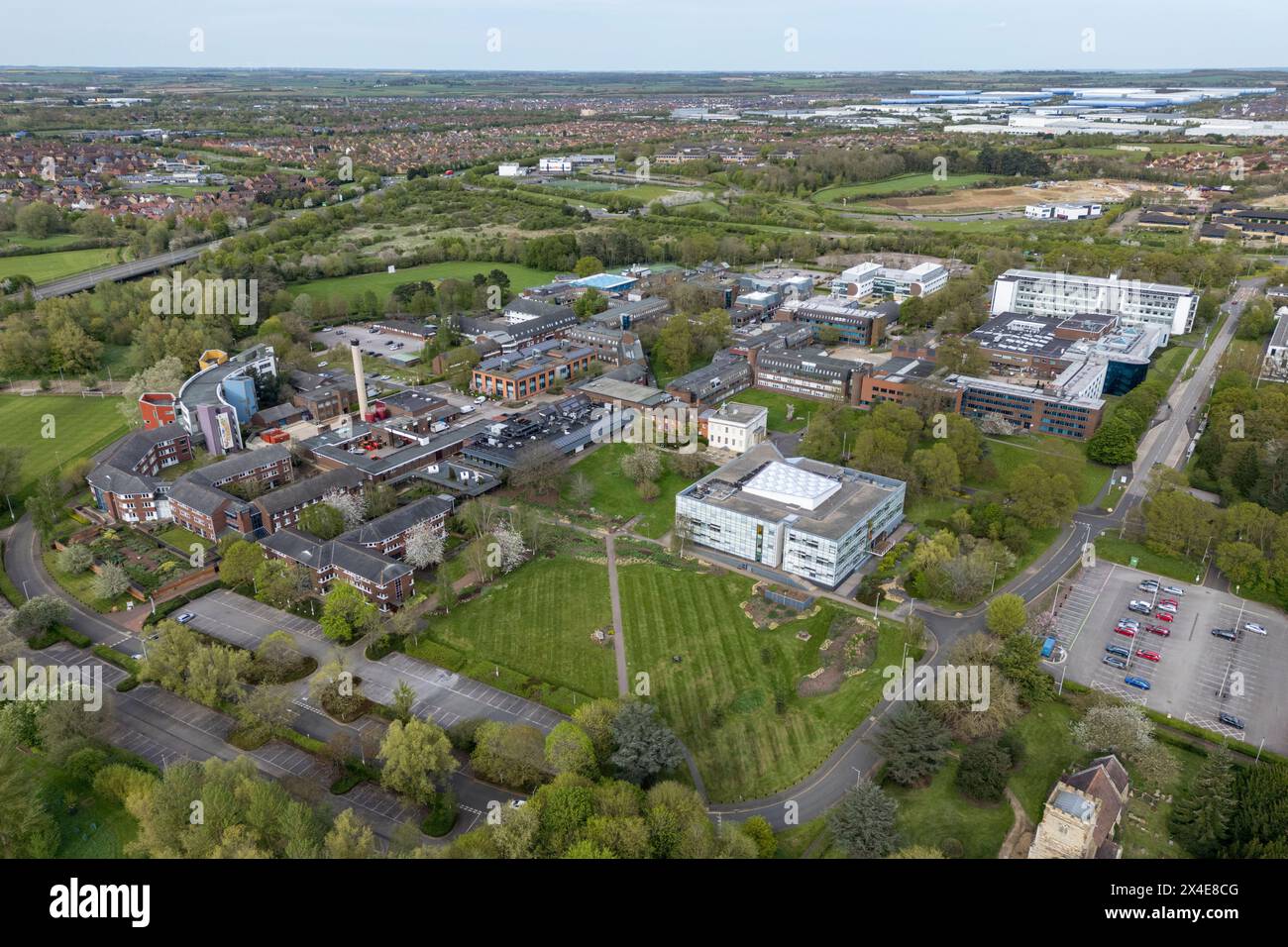 Aerial view The Open University campus, Milton Keynes, Buckinghamshire ...