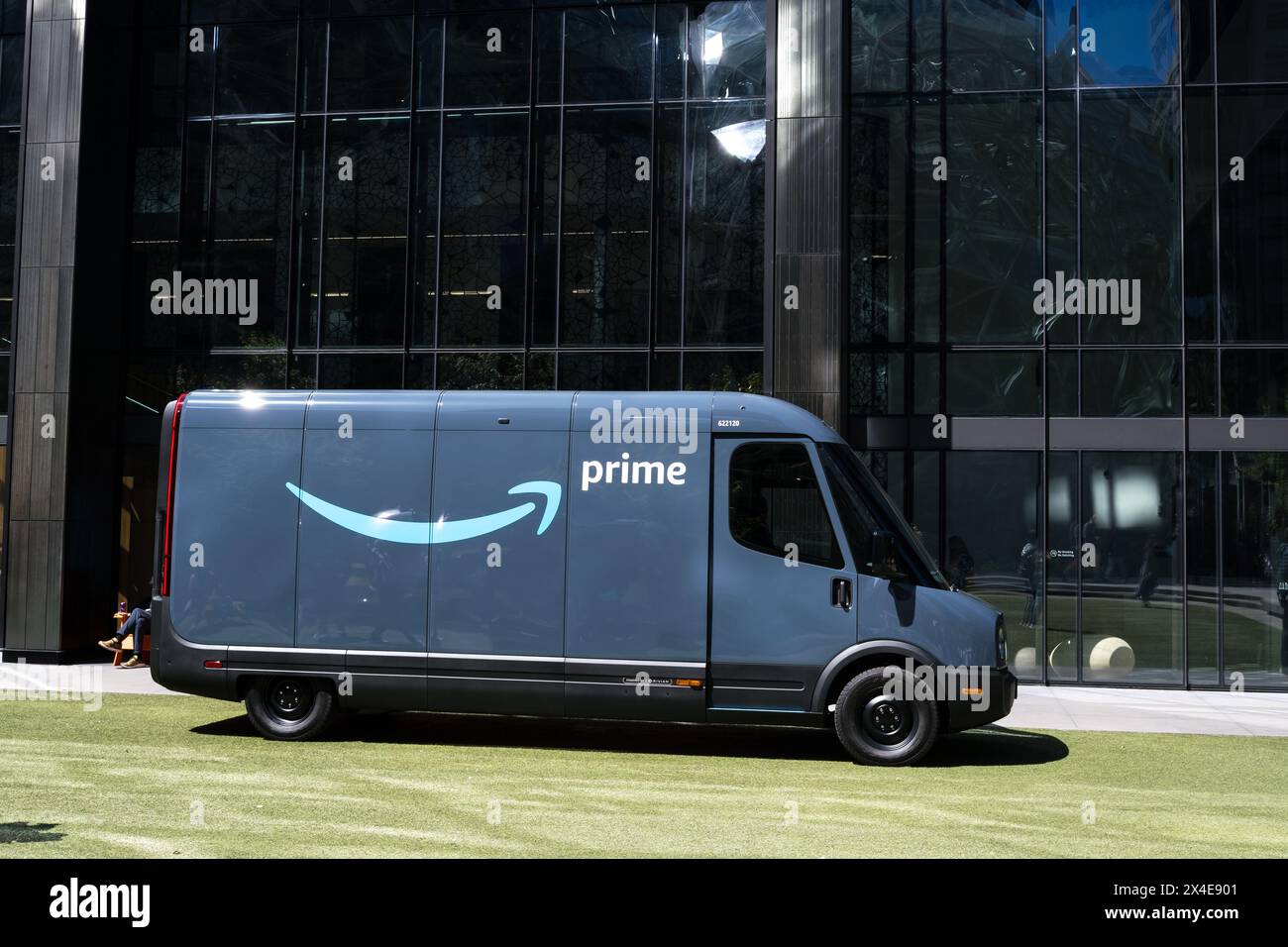 Seattle, USA. 22nd Apr 2024. Amazon Rivian EV delivery vehicle at the ...