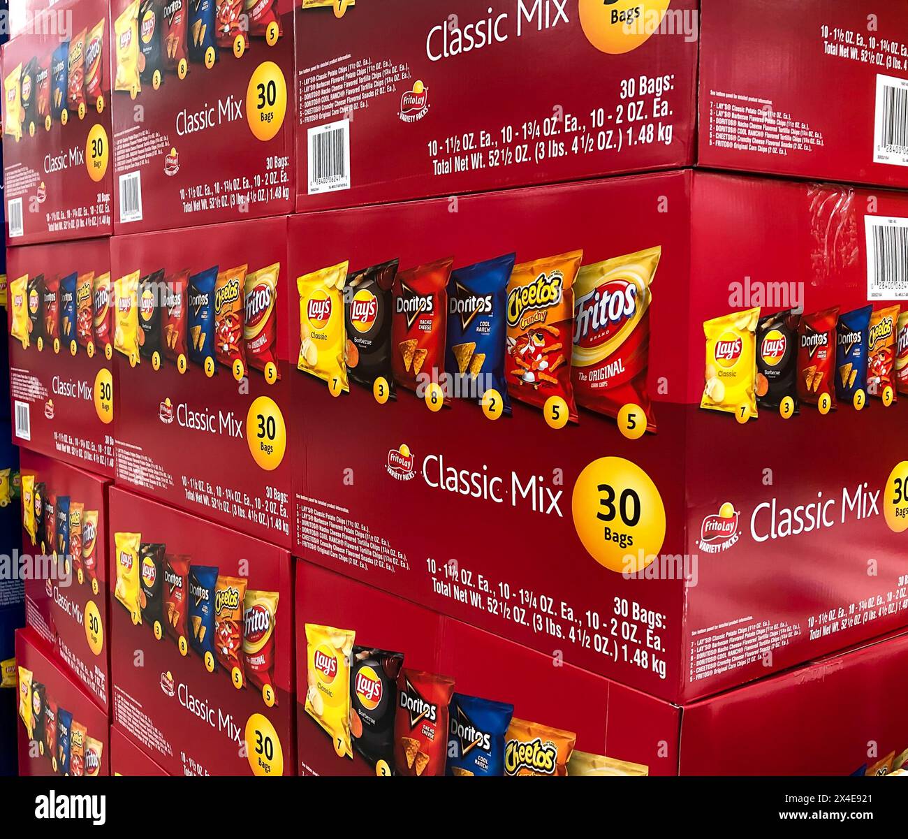 BAXTER, MN - 3 FEB 2021: Store display of red boxes with bags of snacks ...