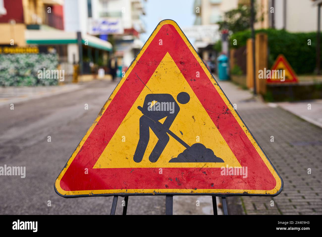 Lido di Jesolo, Italy - 2 May 2024: Warning sign on a road in Italy ...