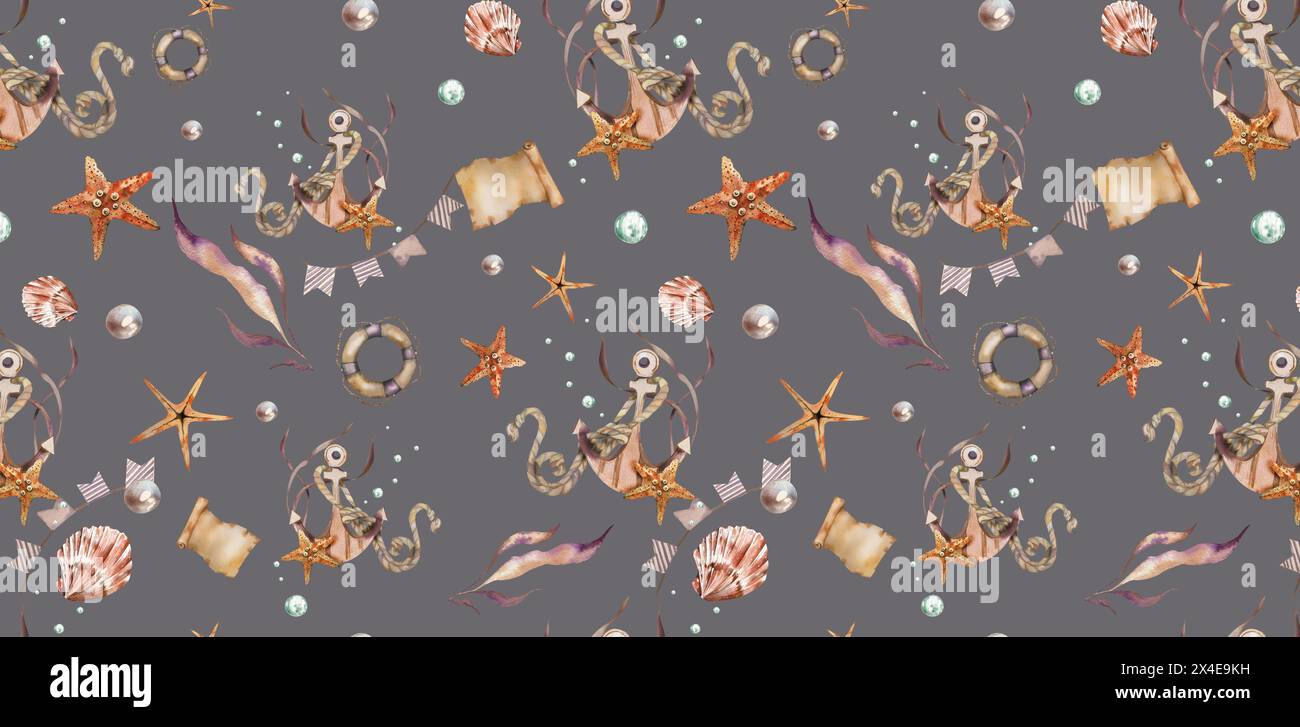 Seamless pattern. Watercolor Marine Theme. Anchor , Rope, Starfish ...