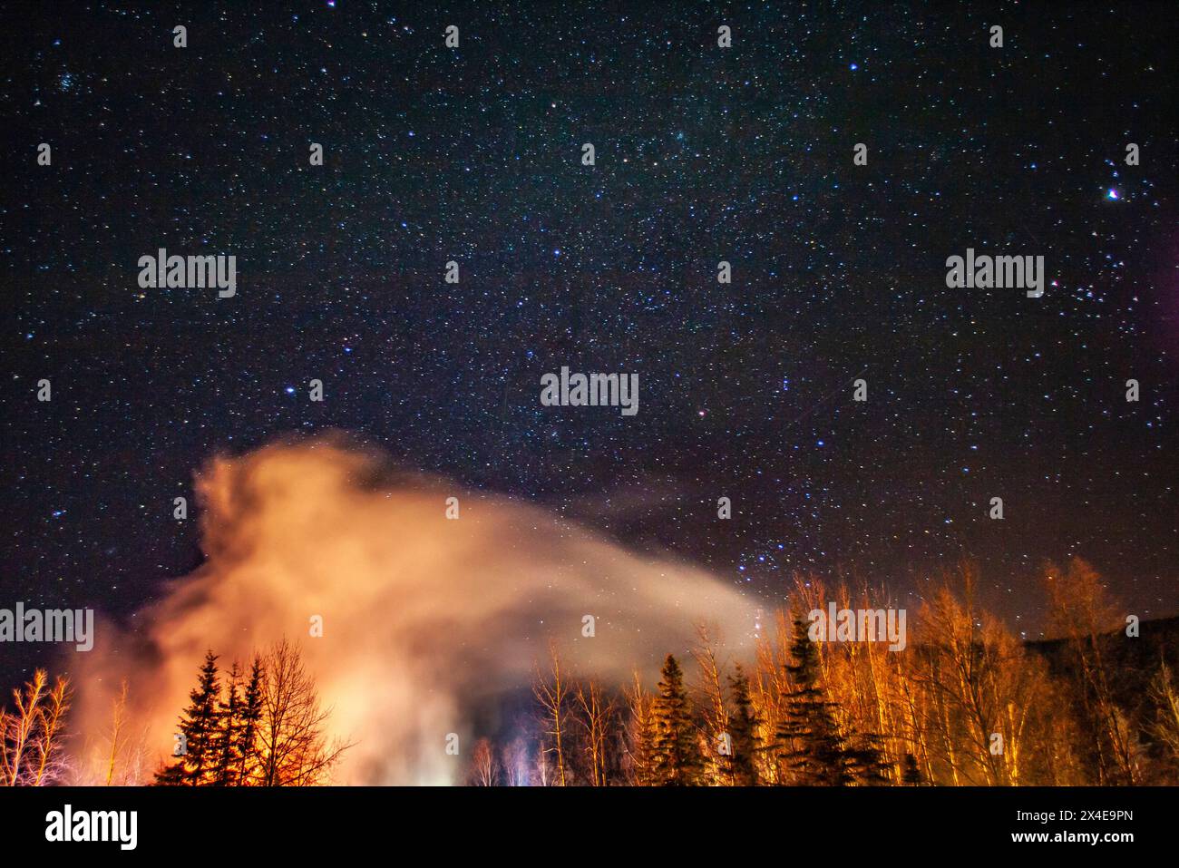 USA, Alaska, Chena Hot Springs Resort. Starry night sky and steam from ...