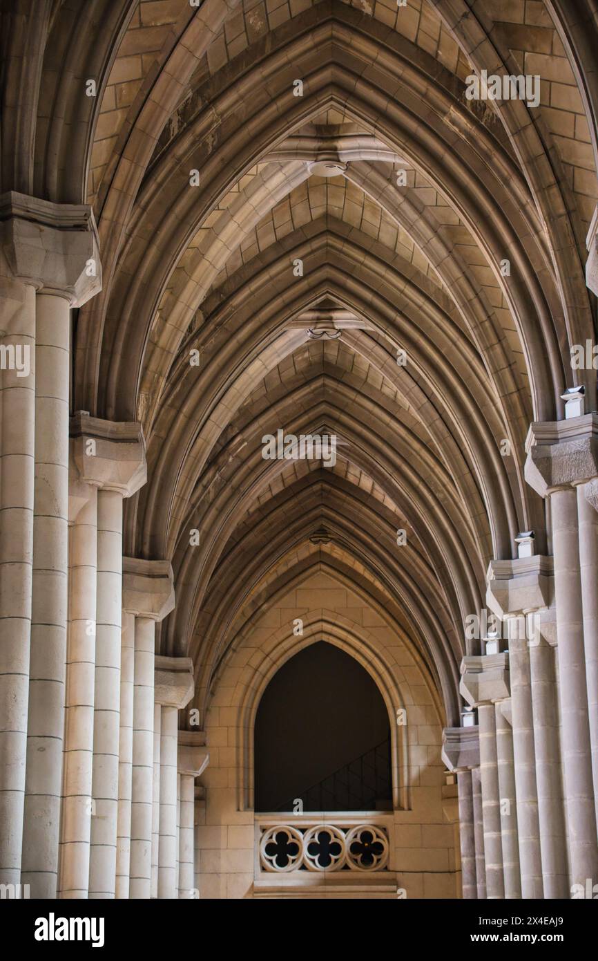 Perspective view of the aisle inside the Almudena cathedral in Madrid ...