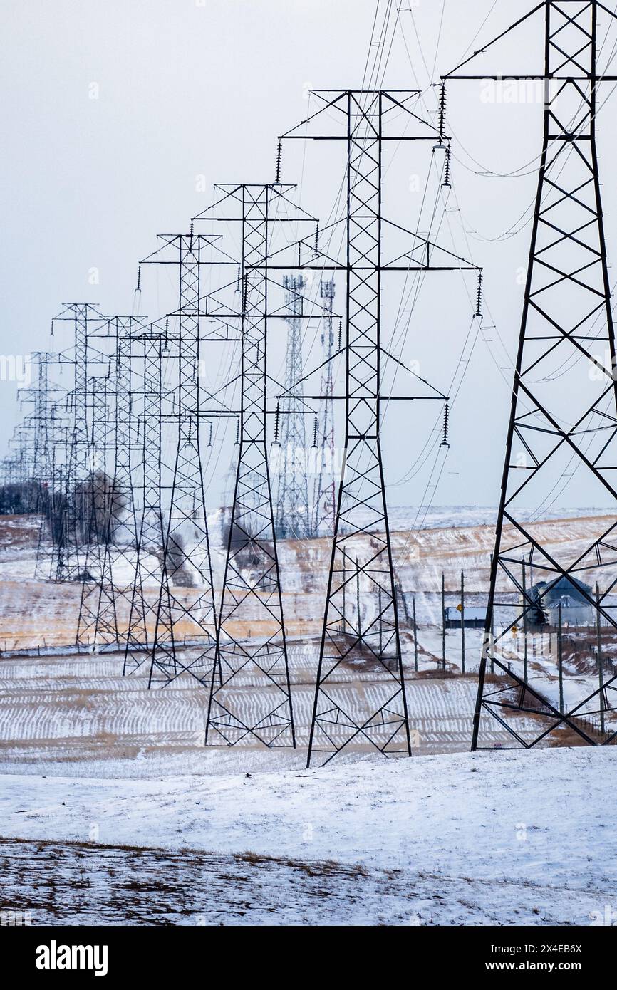 Electrical pylons portrait view with power lines overlooking farm ...