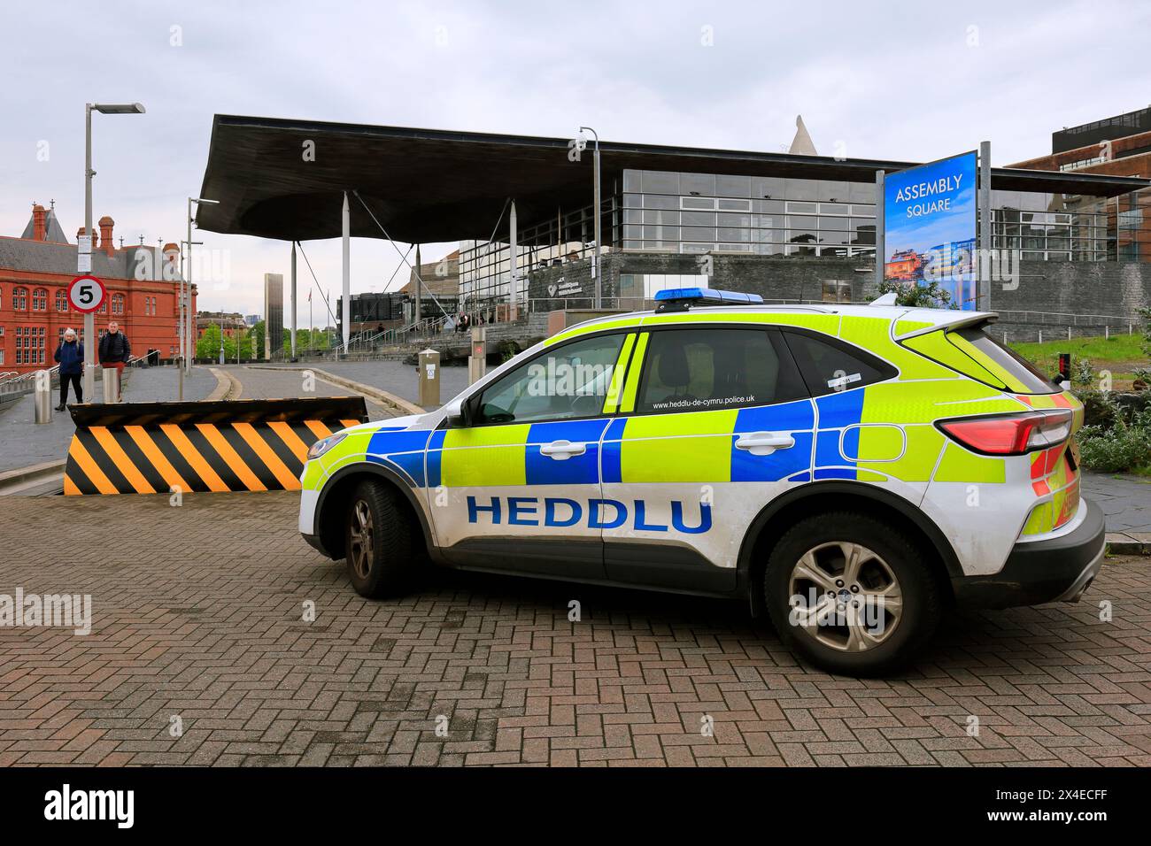 Police car parked outside the Senedd building, Cardiff Bay. May 2024 ...