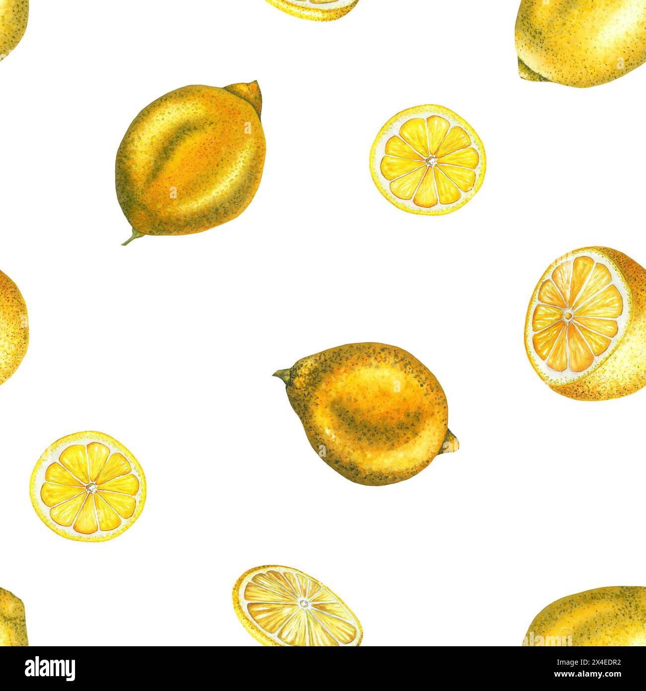 Watercolor lemon seamless pattern with lemons, cut lemon and slice. Hand drawn fresh yellow ...