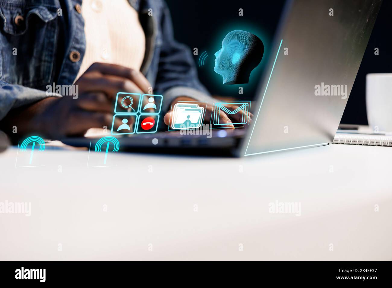 Person typing on laptop keyboard, doing tasks on internet at home ...