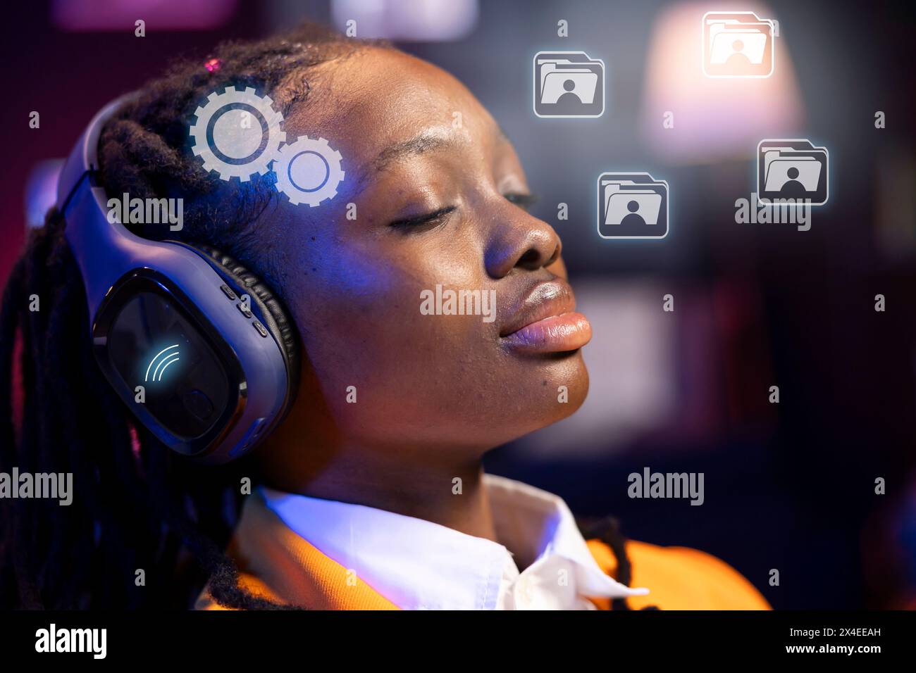 African american woman at home closing eyes, using futuristic ...