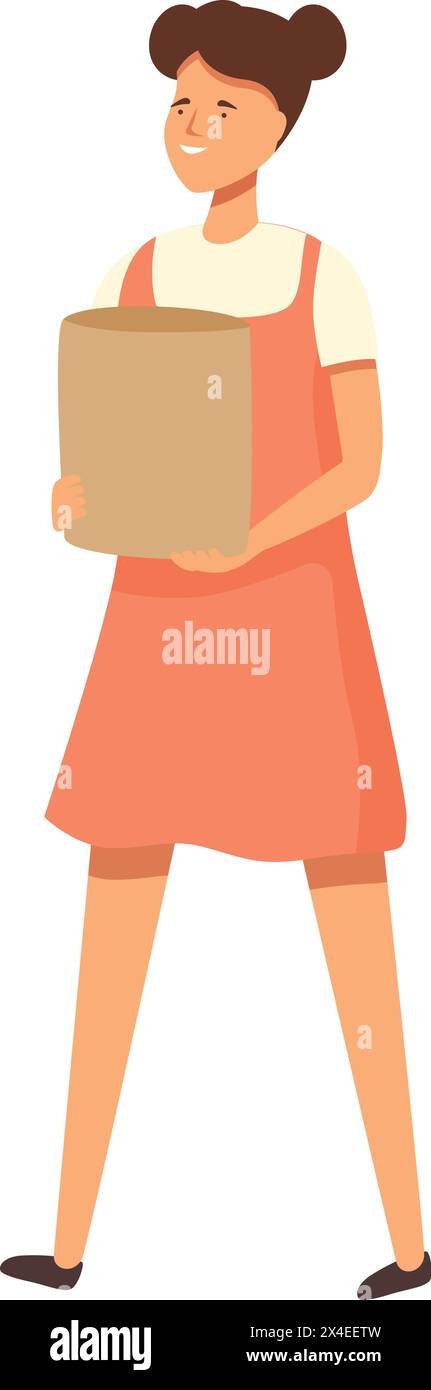 Girl take products paper bag icon cartoon vector. Help work. Daily ...