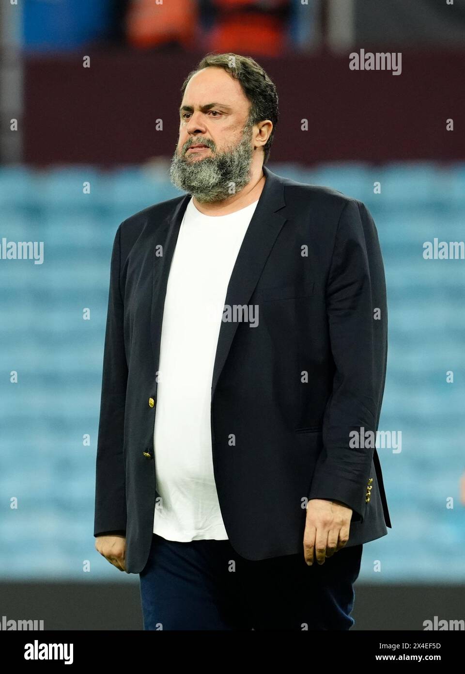 Olympiacos owner Evangelos Marinakis on the pitch after the UEFA ...