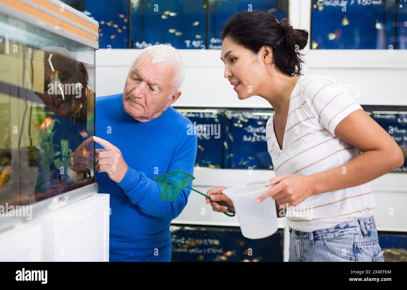Old man choosing fish in pet shop Stock Photo - Alamy