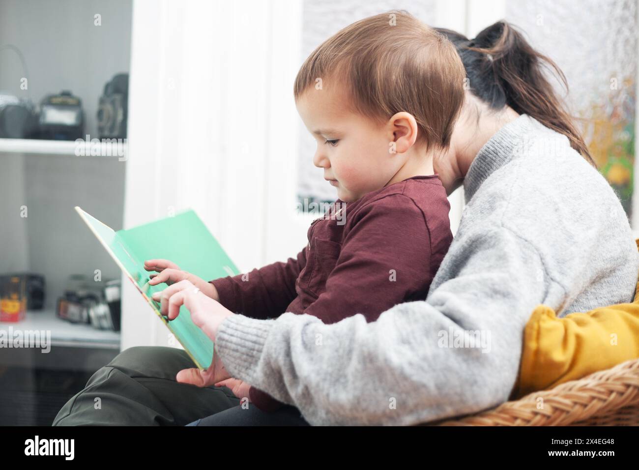 A woman and a child are sitting together and reading a book. The child ...