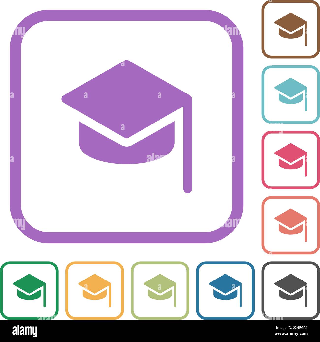Graduation hat solid simple icons in color rounded square frames on white background Stock ...