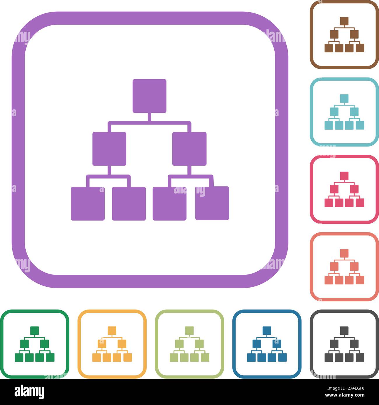 Organizational chart down solid simple icons in color rounded square frames on white background ...