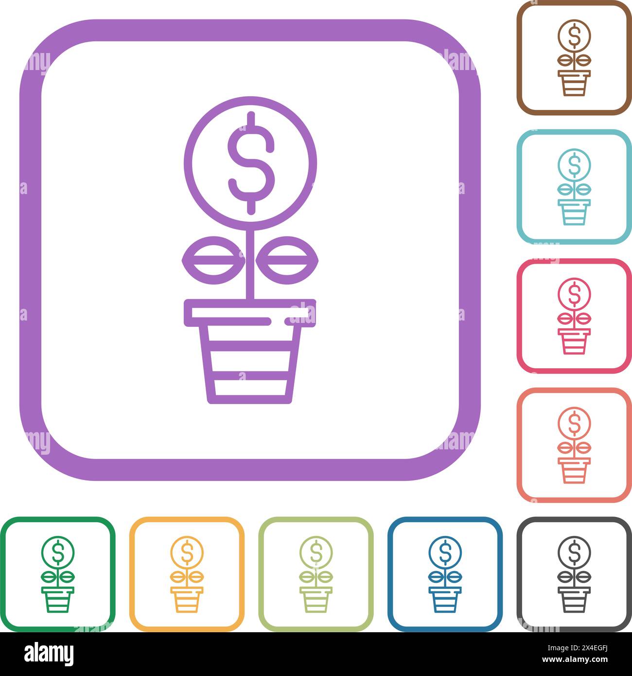 Money plant outline simple icons in color rounded square frames on ...