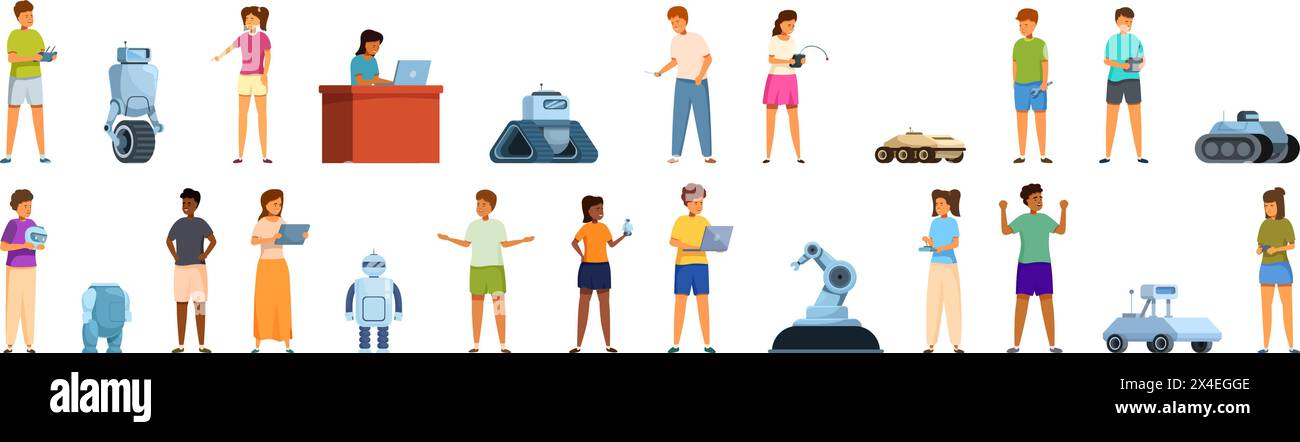 Kid robot class icons set cartoon vector. Engineering data. Device ...